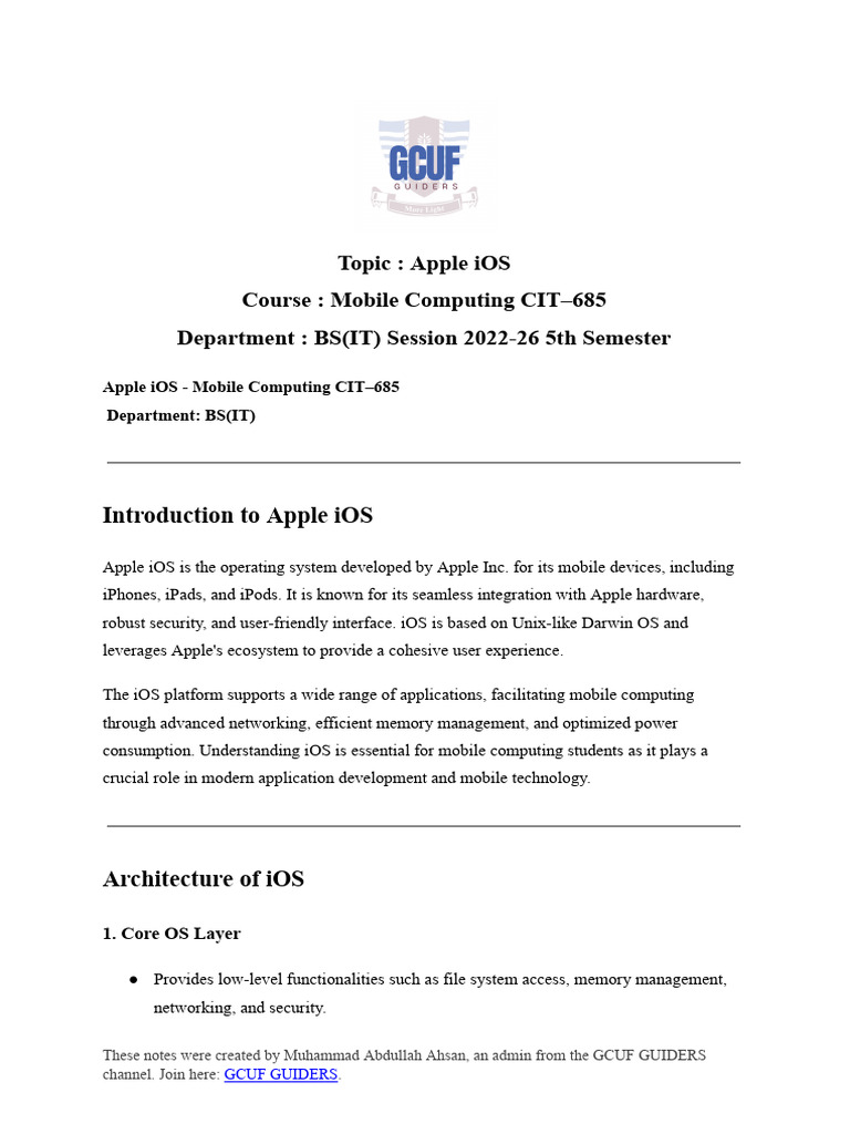 Apple iOS - Mobile Computing CIT-685 - BS IT 5th Semester | PDF | Ios | Kernel (Operating System)