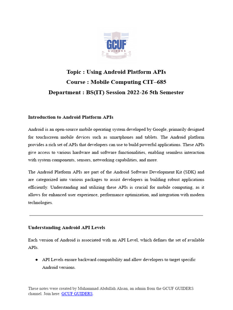 Using Android Platform APIs - Mobile Computing CIT-685 - BS IT 5th Semester | PDF | Android ...