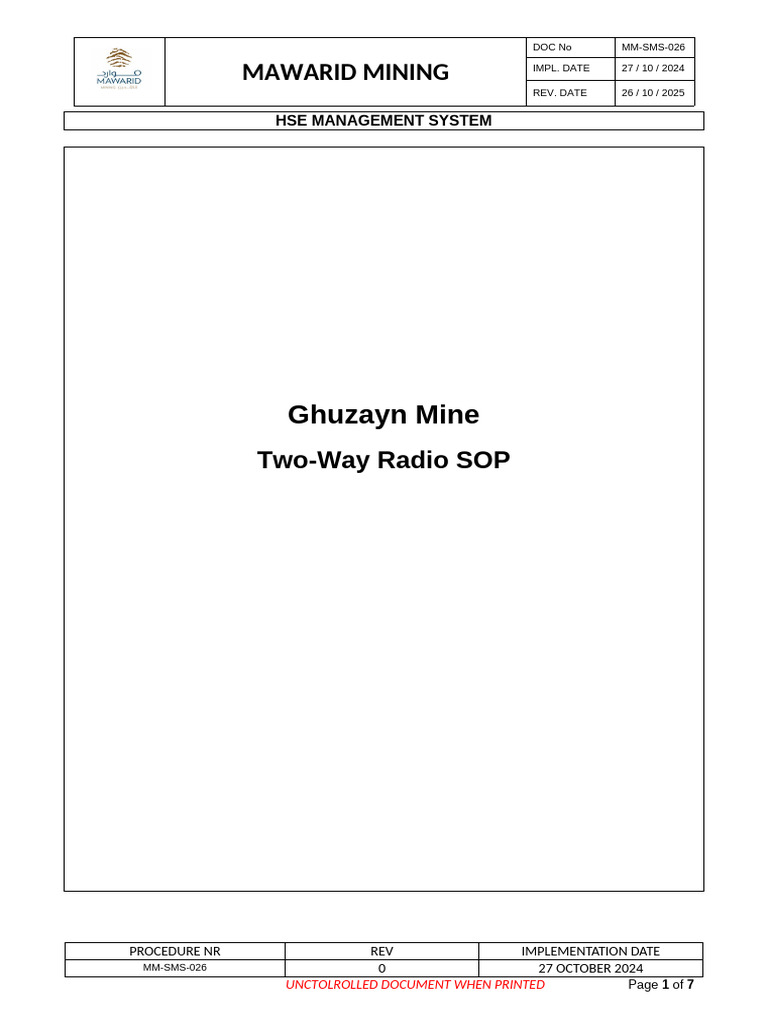 Two-Way Radio SOP for Mawarid Mining | PDF