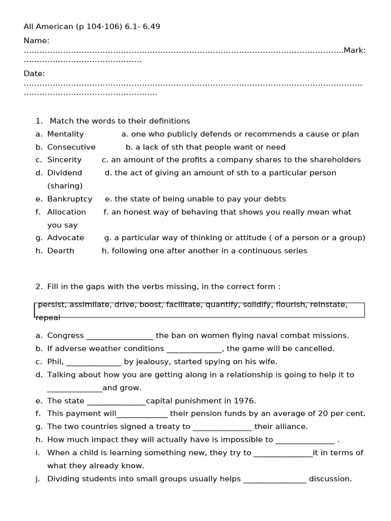 All American Voc Test Unit 6 Pgs 104-107 | PDF