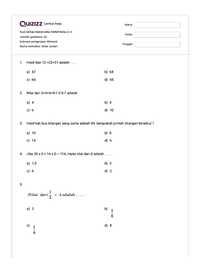 Soal Latihan Matematika KMNR Kelas 3, 4 - Quizizz | PDF