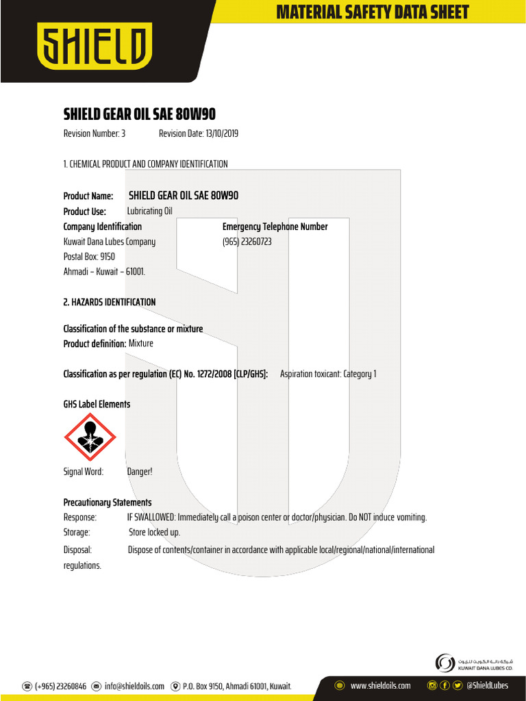 Shield MSDS Gear Oil Sae 80W90 | PDF | Combustion | Water