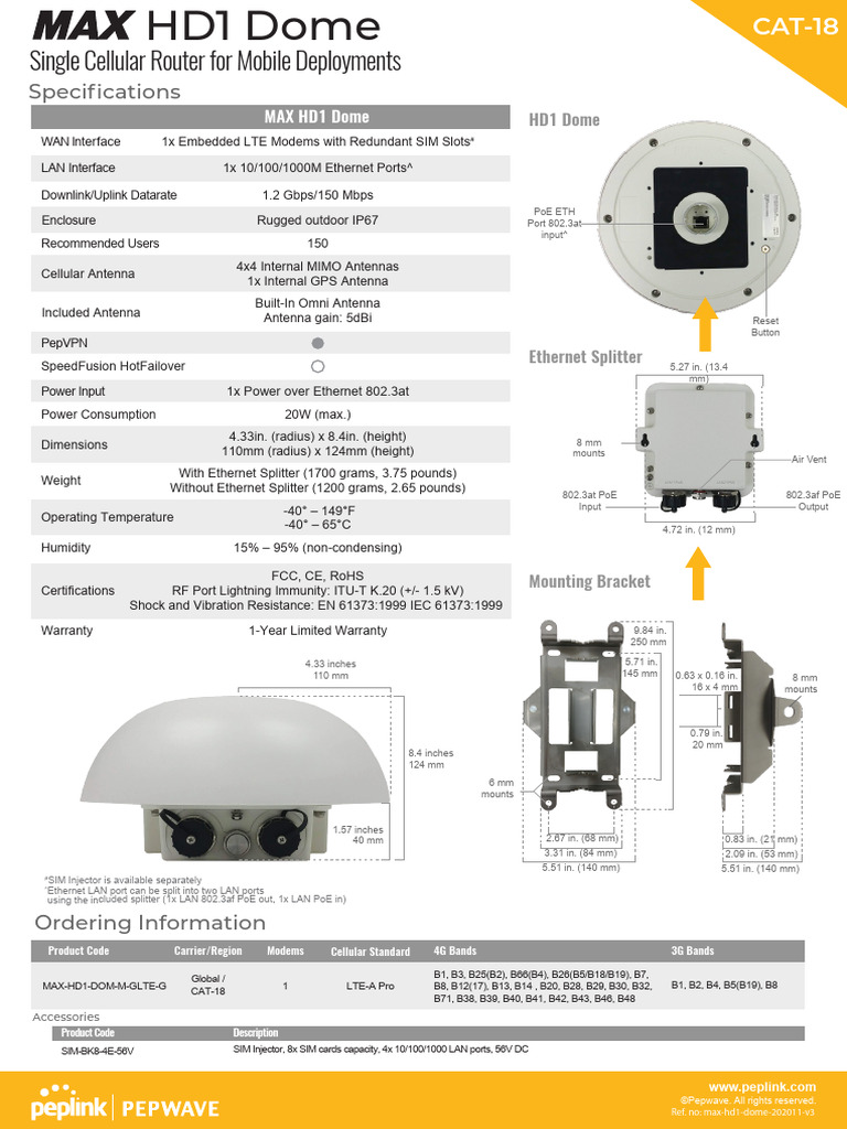 Pepwave MAX HD1 IP67 DOME Datasheet | PDF | Telecommunications | Electronics