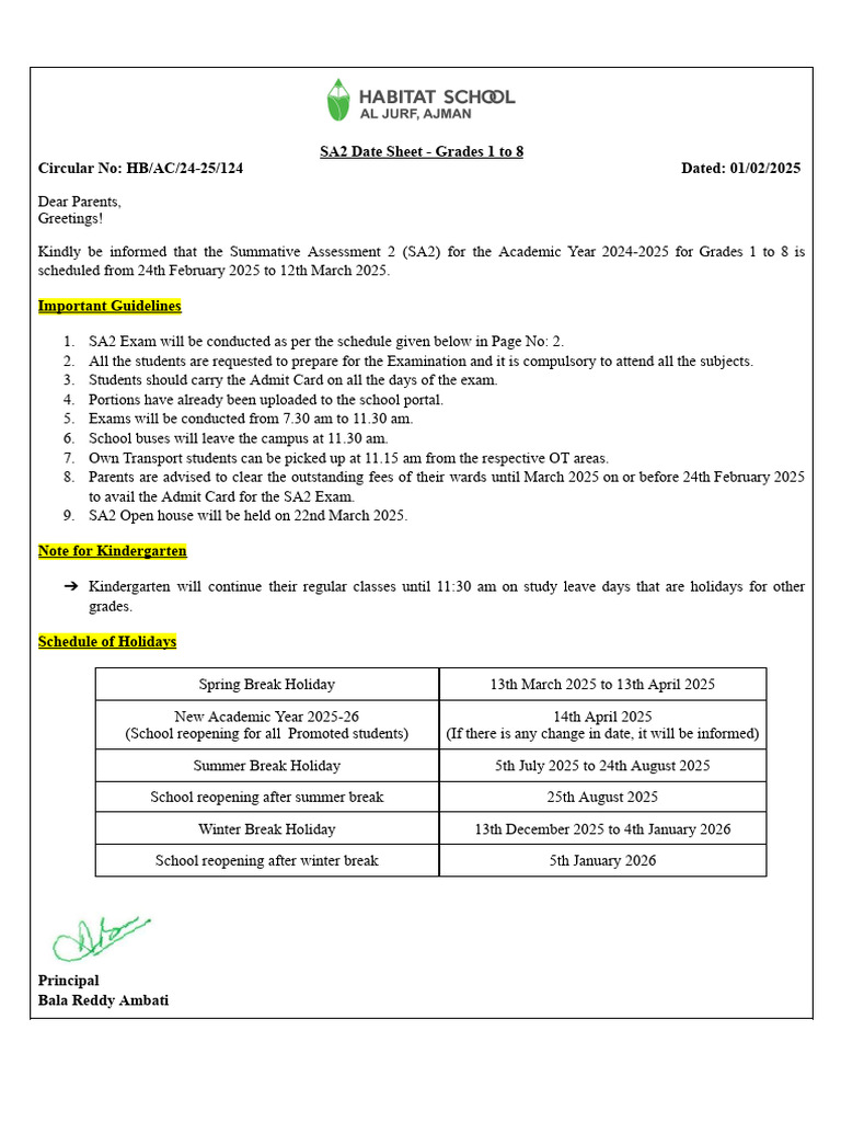 Emailing Circular 124 SA2 Date Sheet - Grade 1 To 8 | PDF | Educational Stages