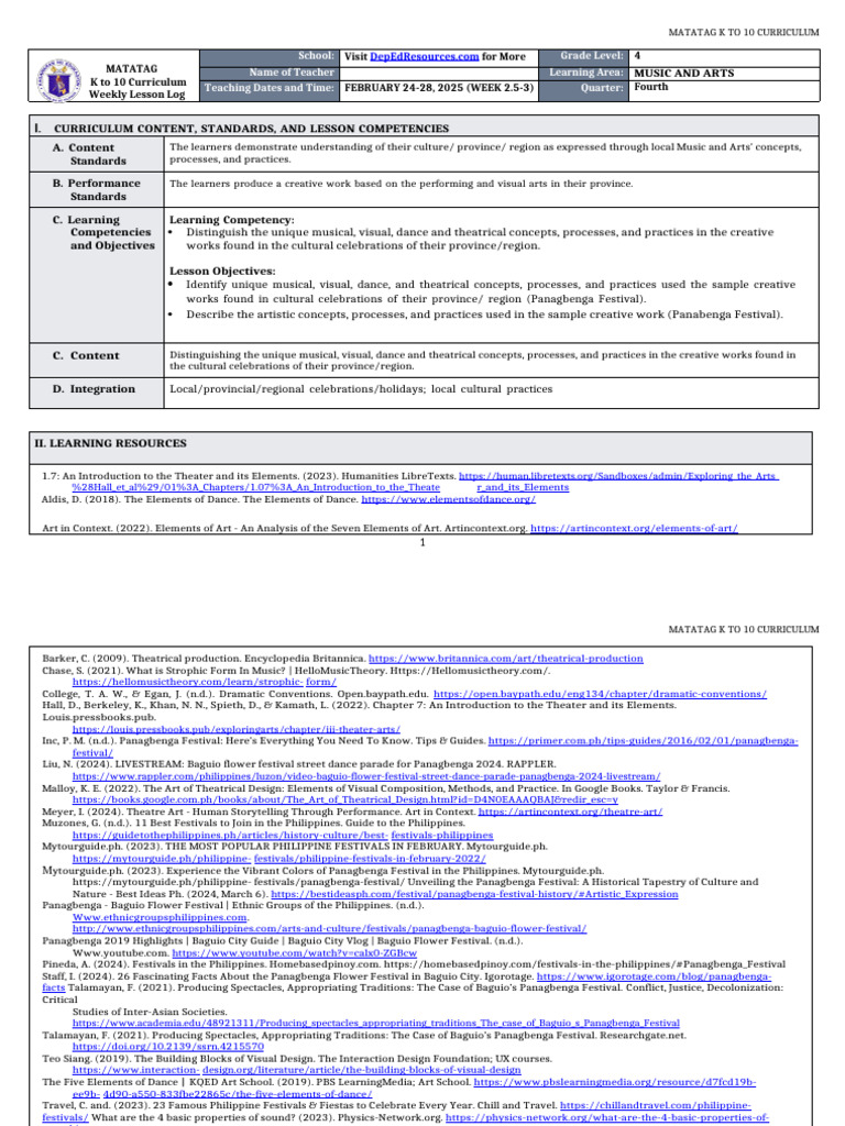DLL Matatag - Music & Arts 4 Q4 W2.5-3 | PDF | Dances | Learning