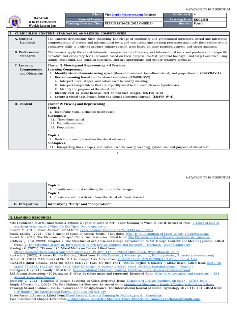 K to 10 English Weekly Lesson Plan | PDF | Composition (Visual Arts) | Shape