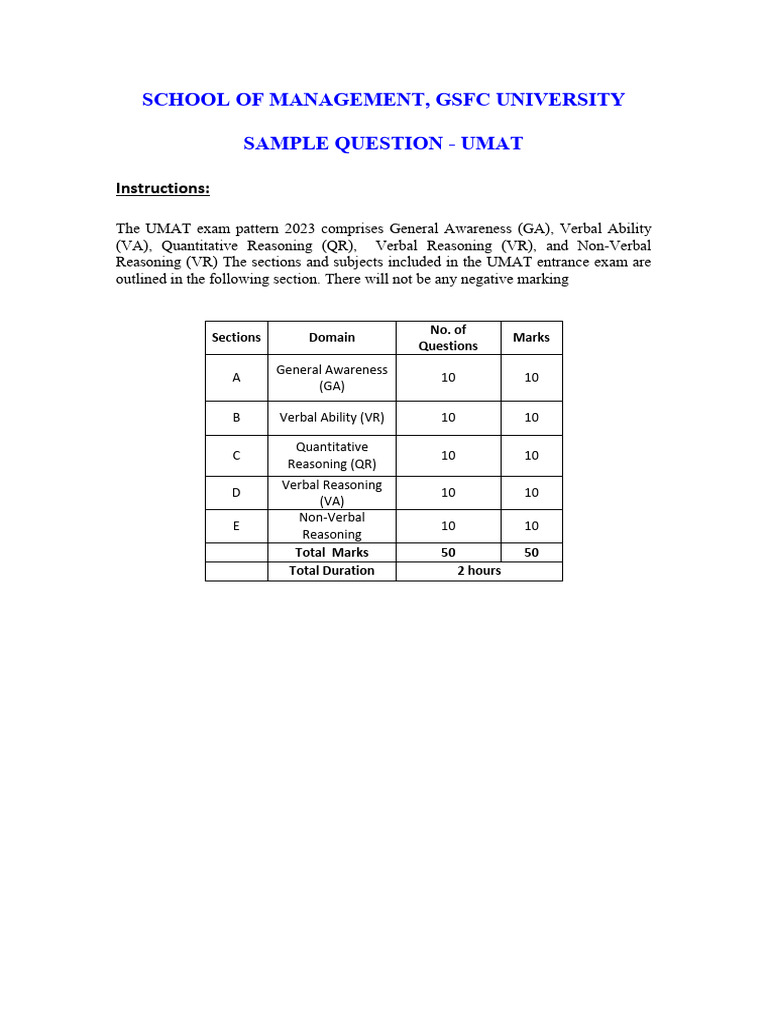 Sample Paper UMAT GSFC University | PDF