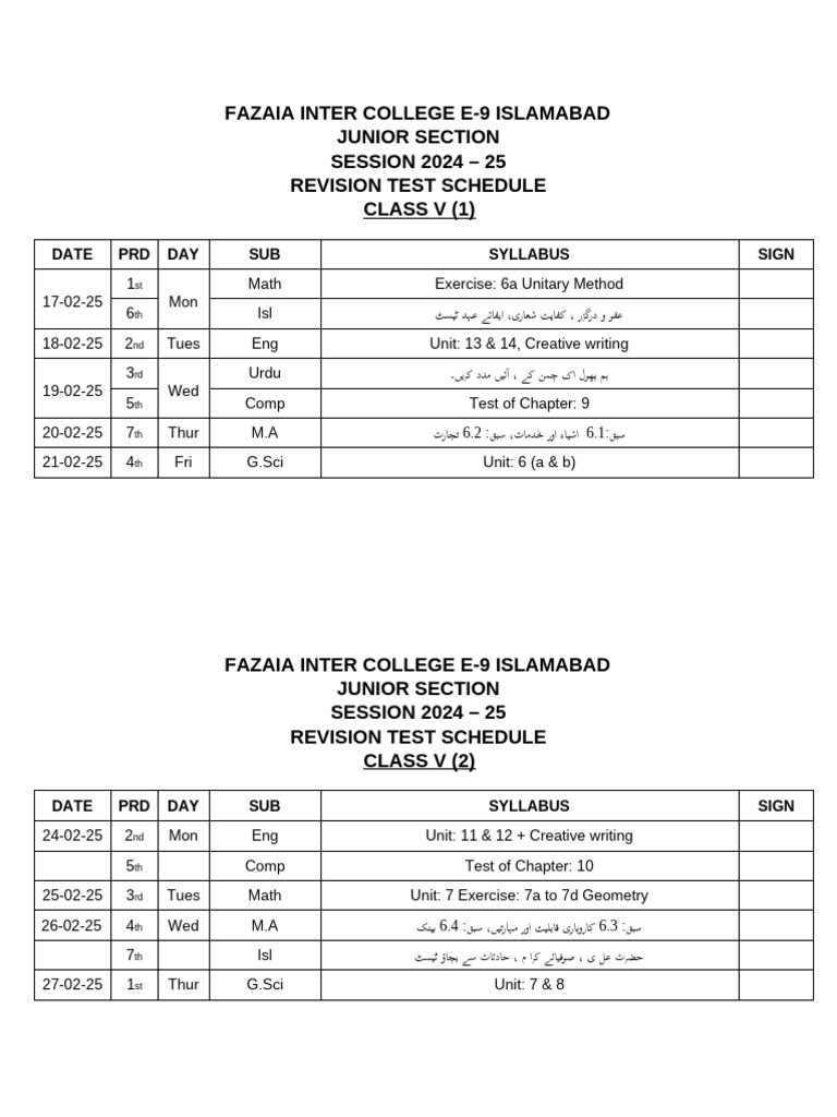 Test Schedule 5 | PDF