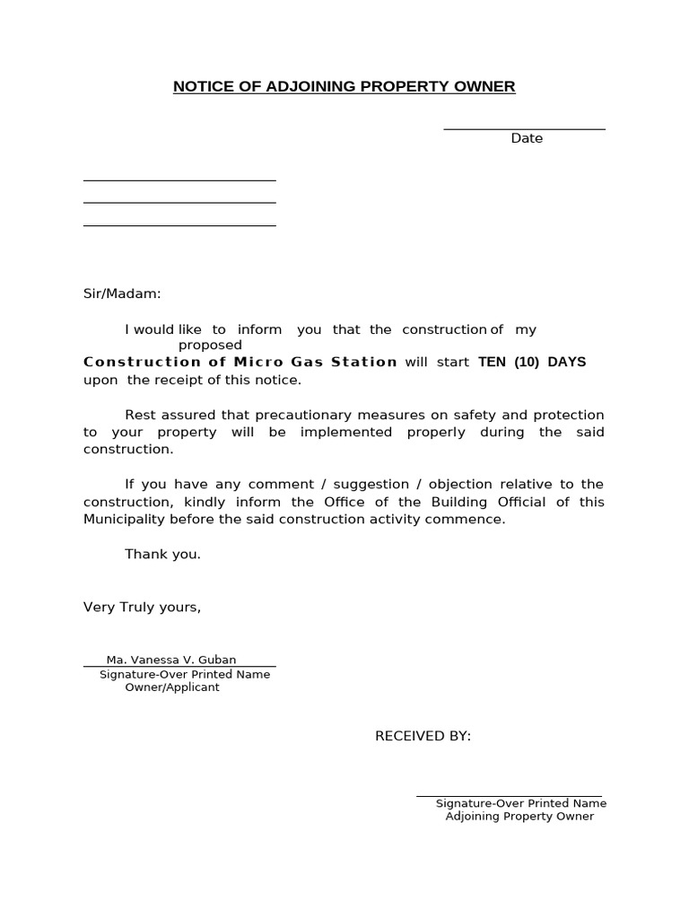 Notice to Adjoining Property Owner | PDF