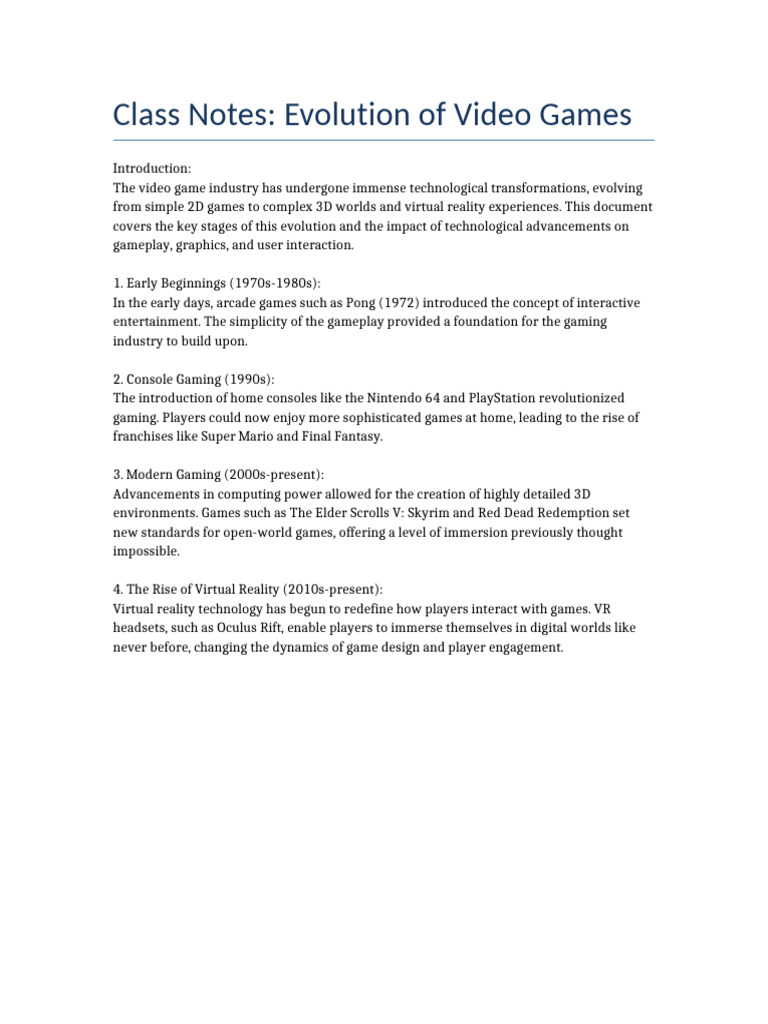 Class Notes Evolution of Video Games | PDF