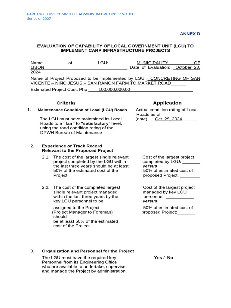 Annex D of Parc Execom Order No. 01 S 2007 | PDF