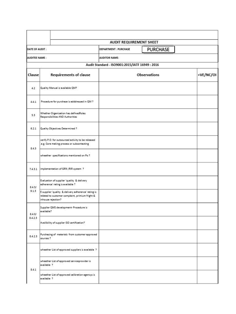 Audit Sheet - Purchase | PDF