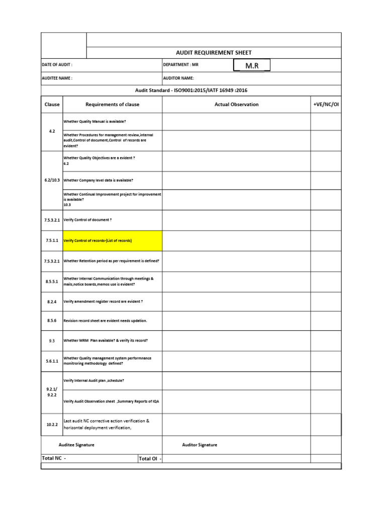 Audit Sheet - MR | PDF