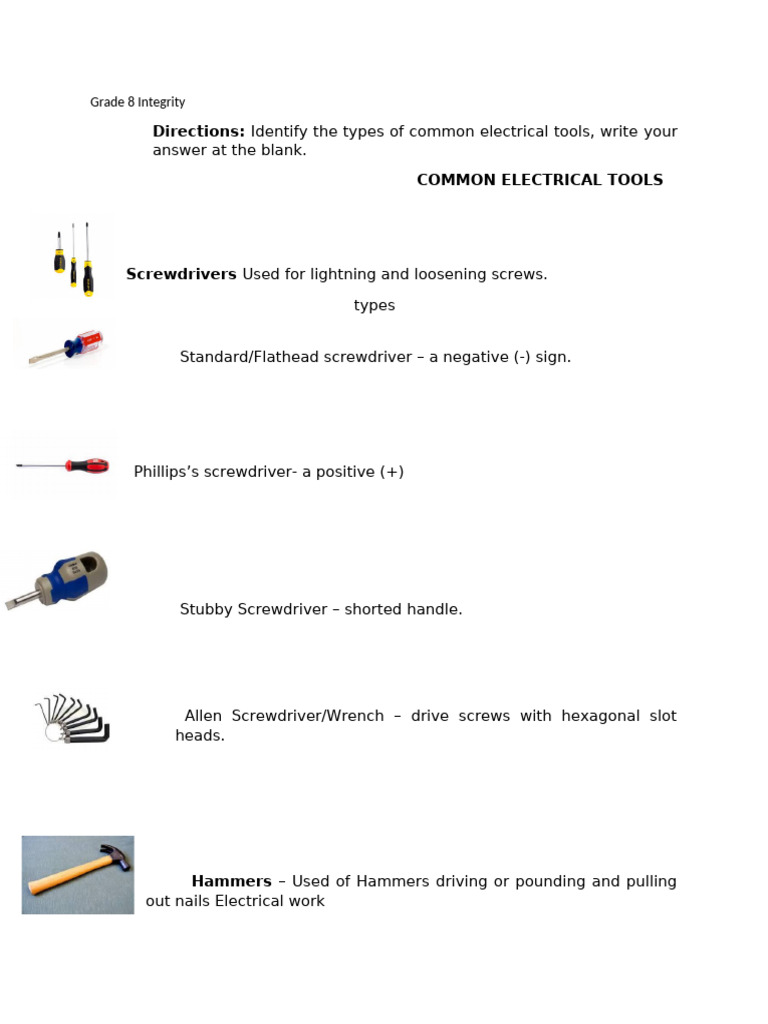 Grade 8 task | PDF | Electricity | Tools