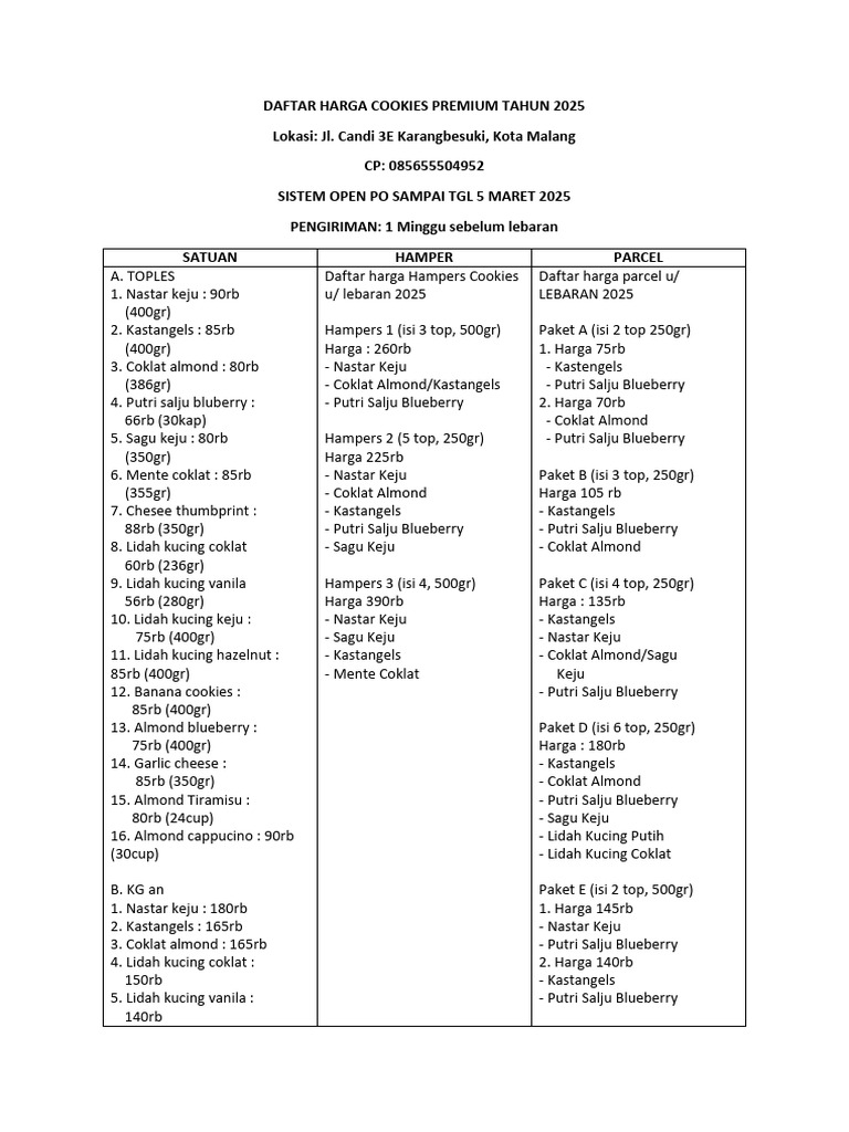 Daftar Harga Cookies Tahun 2025 | PDF