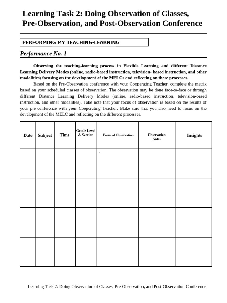 Learning Task 2 - Doing Observation of Classes PreObservation and PostObservation Conference ...
