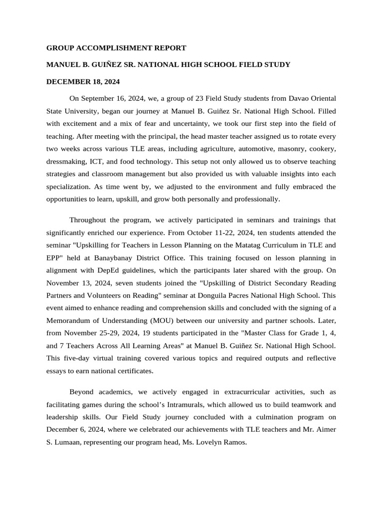 GROUP ACCOMPLISHMENT REPORT | PDF | Teachers | Learning