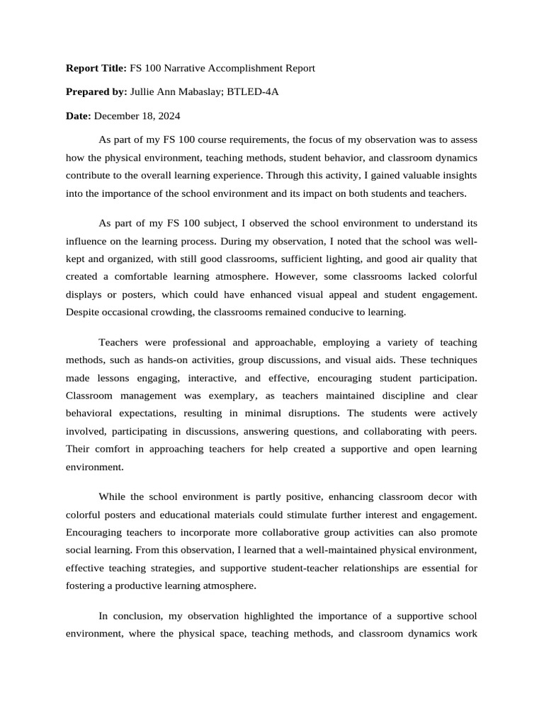 Accomplishment&reflection | PDF | Teachers | Classroom Management