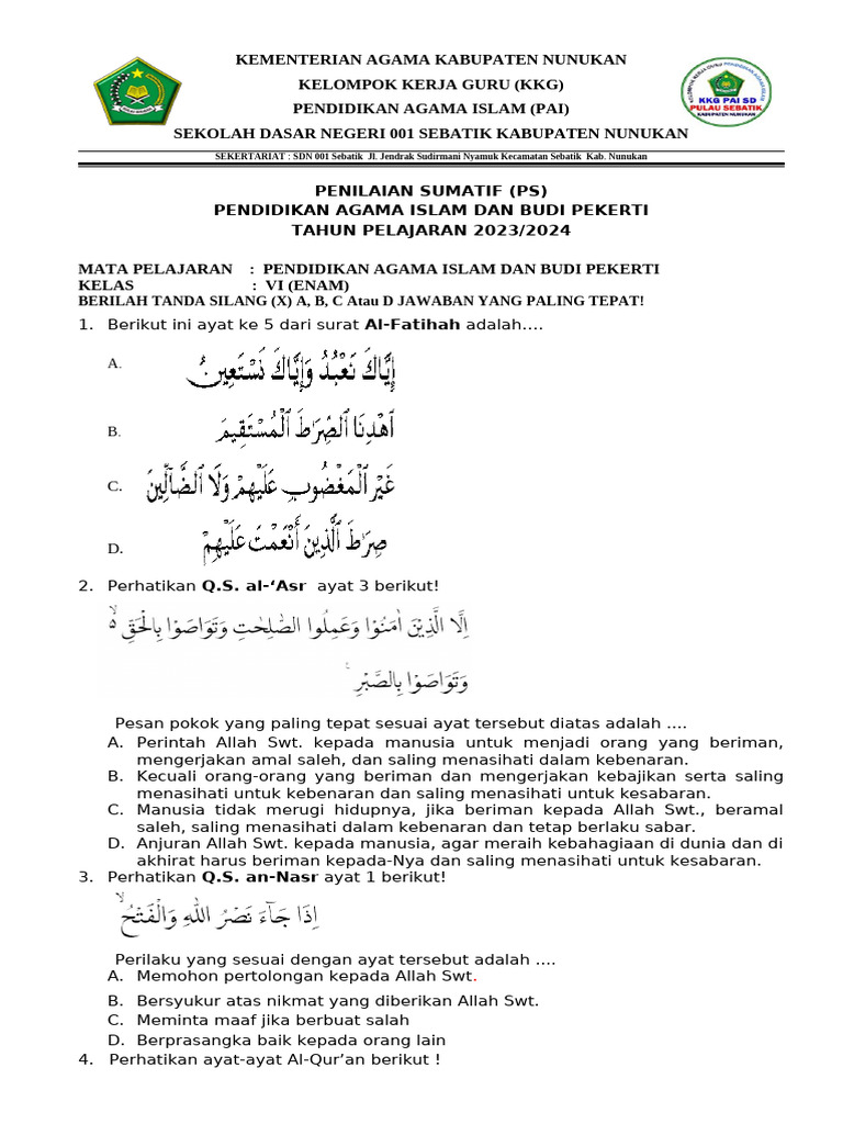 Soal Ps Pai&Bp SD 2023 | PDF