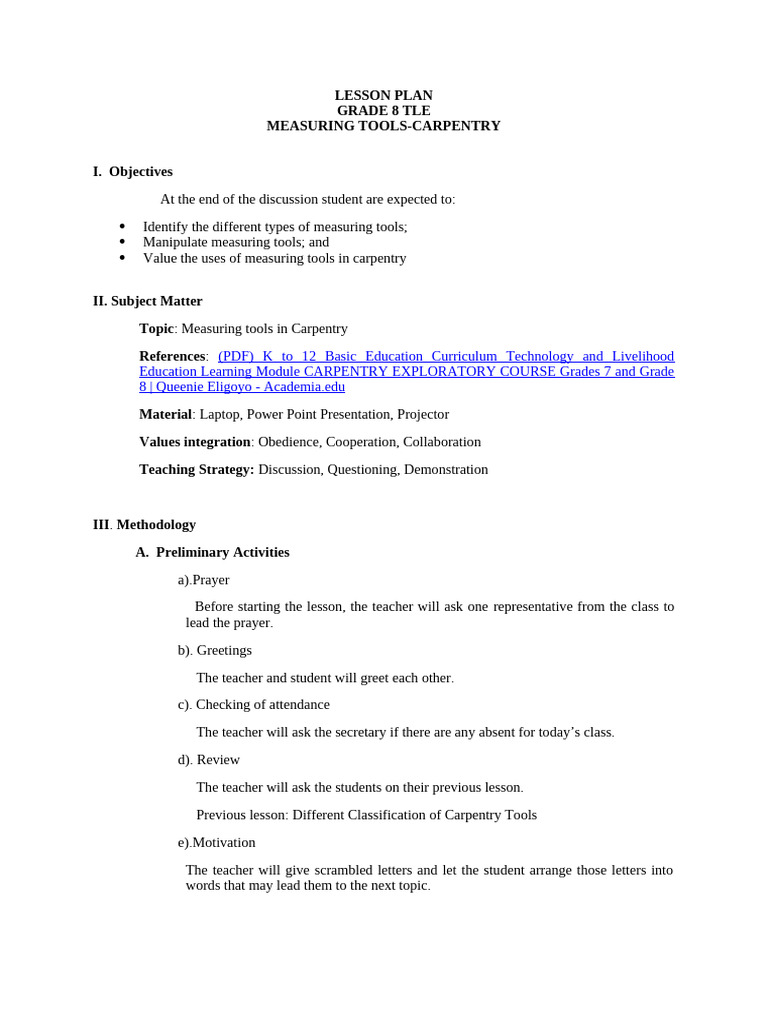 Grade 8 Carpentry Measuring Tools Lesson | PDF | Length | Learning