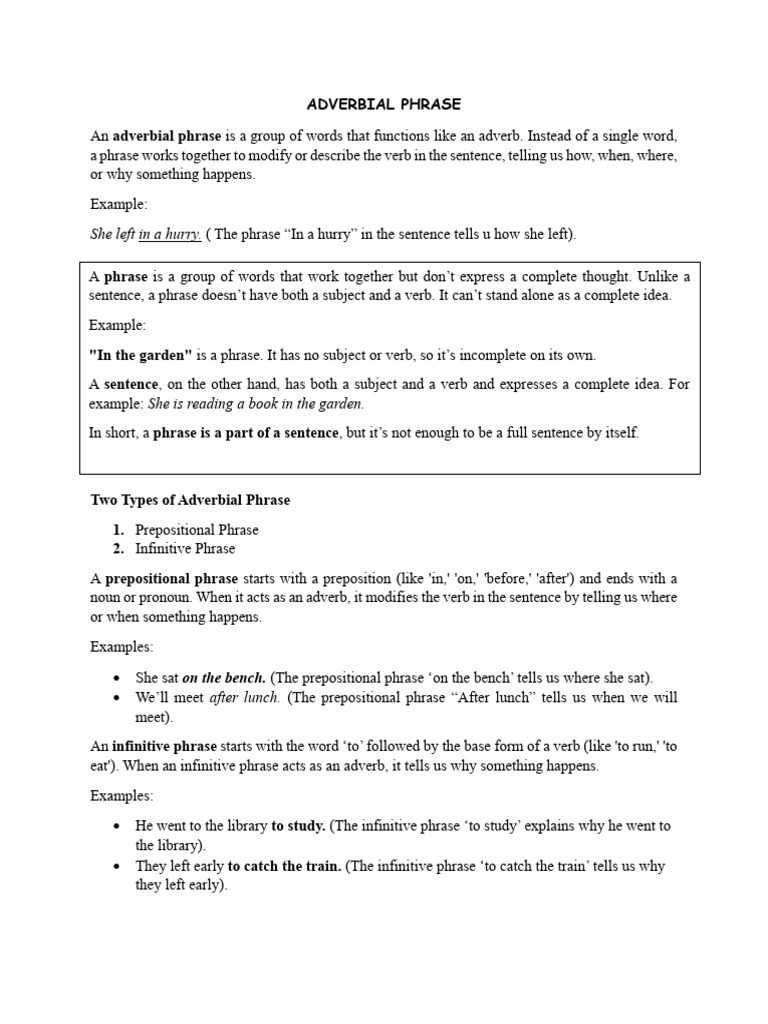ADVERBIAL PHRASE Note | PDF