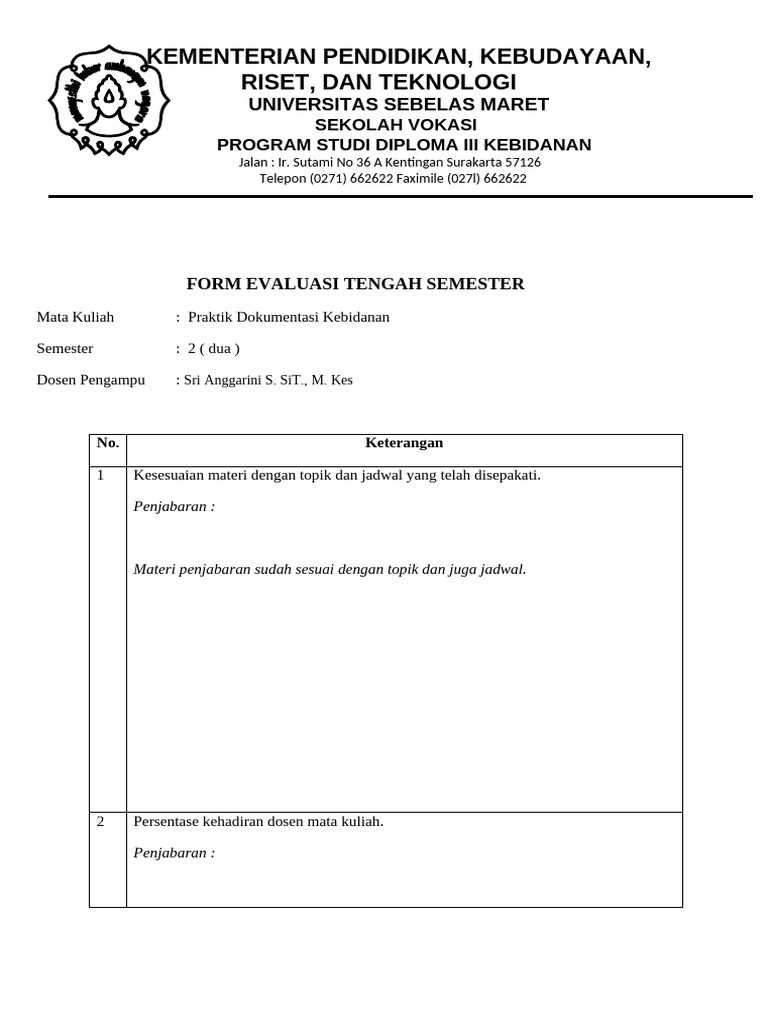 Form Evaluasi Uts Semester Kosong | PDF