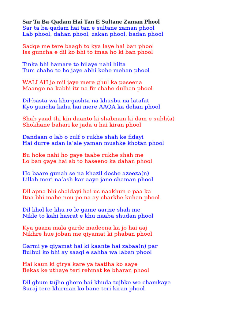 Sar Ta Ba-Qadam Hai Tan E Sultane Zaman Phool | PDF