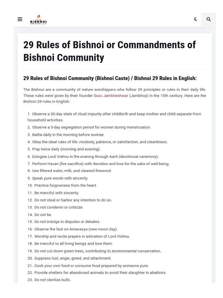 29 Rules of Bishnoi or Commandments of Bishnoi Community | PDF