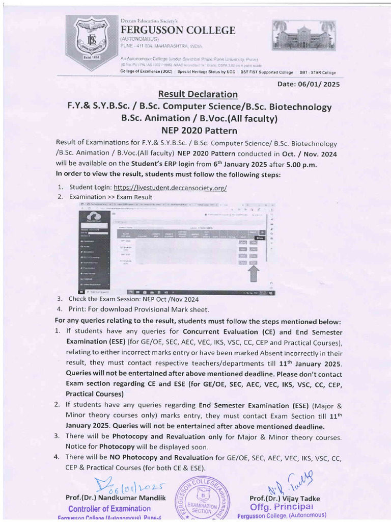 BSC BVoc NEP2020 Pattern Oct Nov 2024 Result Notice | PDF