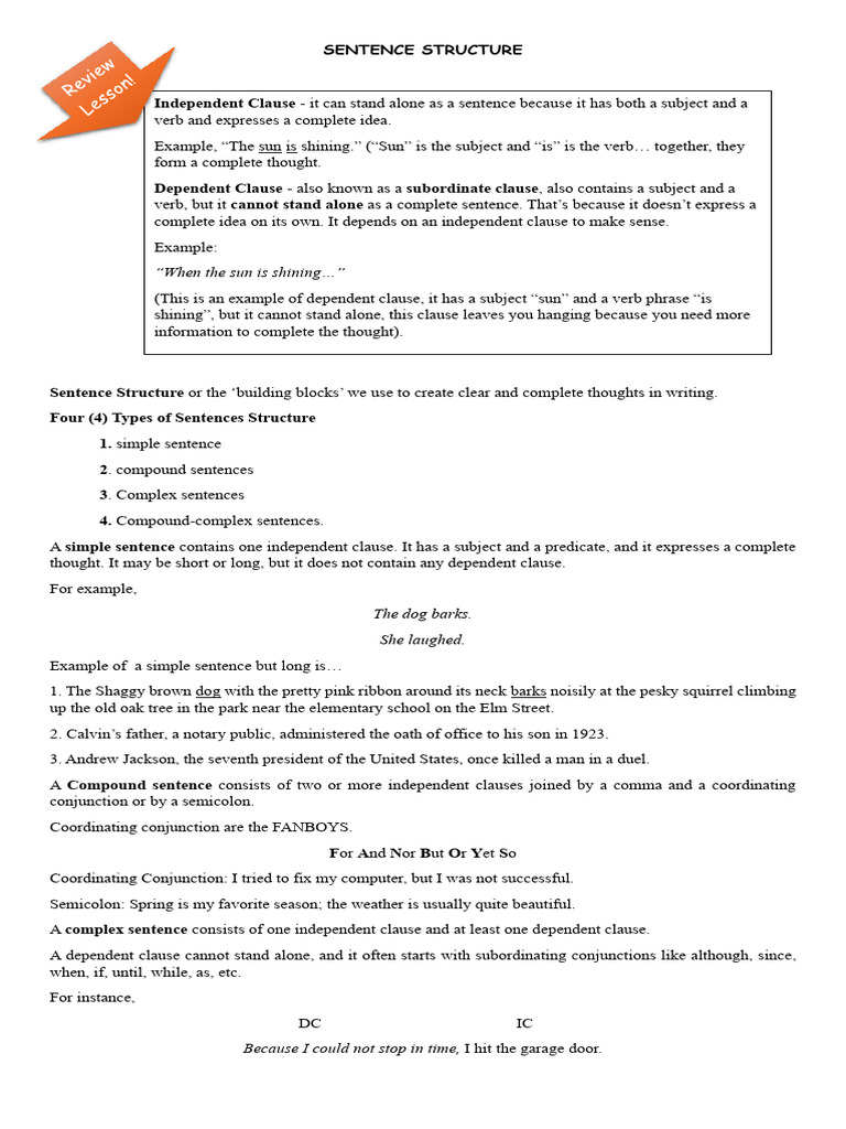 SENTENCE STRUCTURE Notes | PDF | Syntax | English Grammar