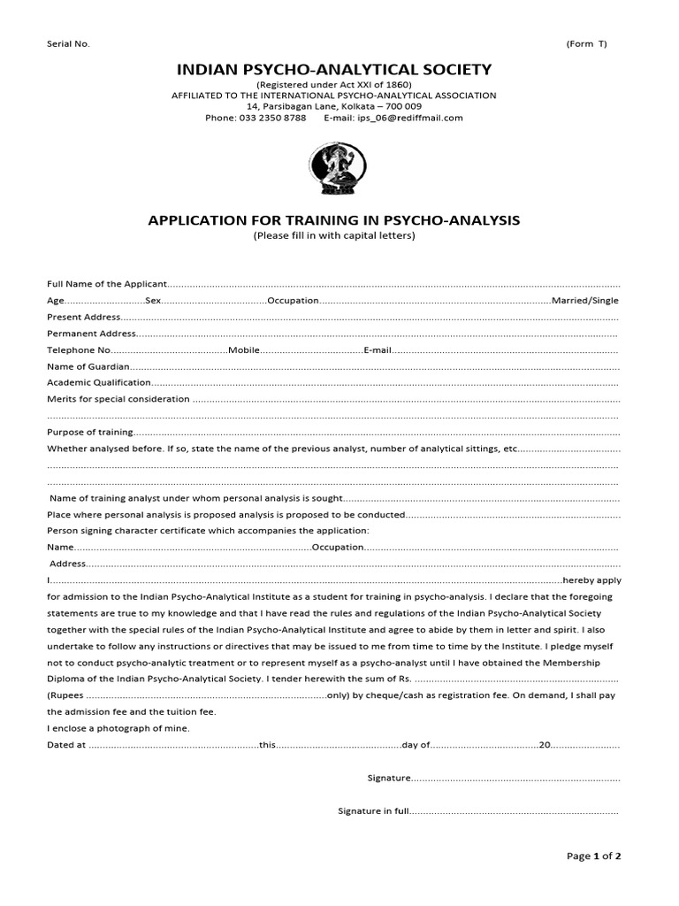 Application for Psychoanalysis Training | PDF | Psychoanalysis