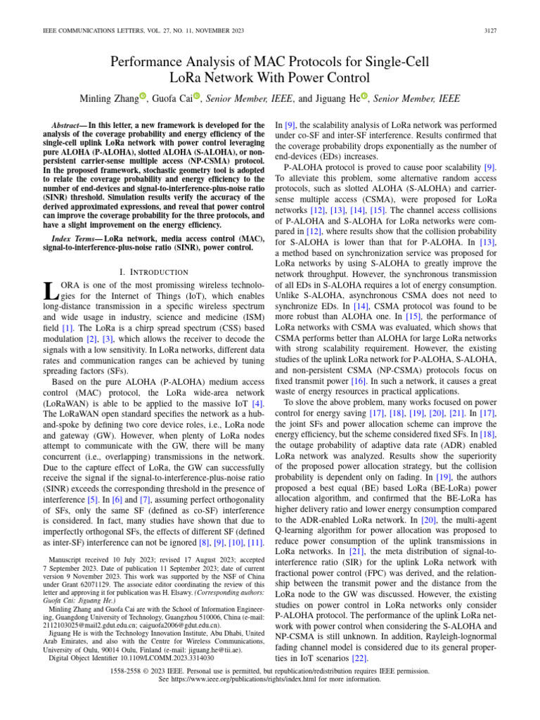 Performance Analysis of MAC Protocols For Single-Cell LoRa Network With Power Control | PDF ...