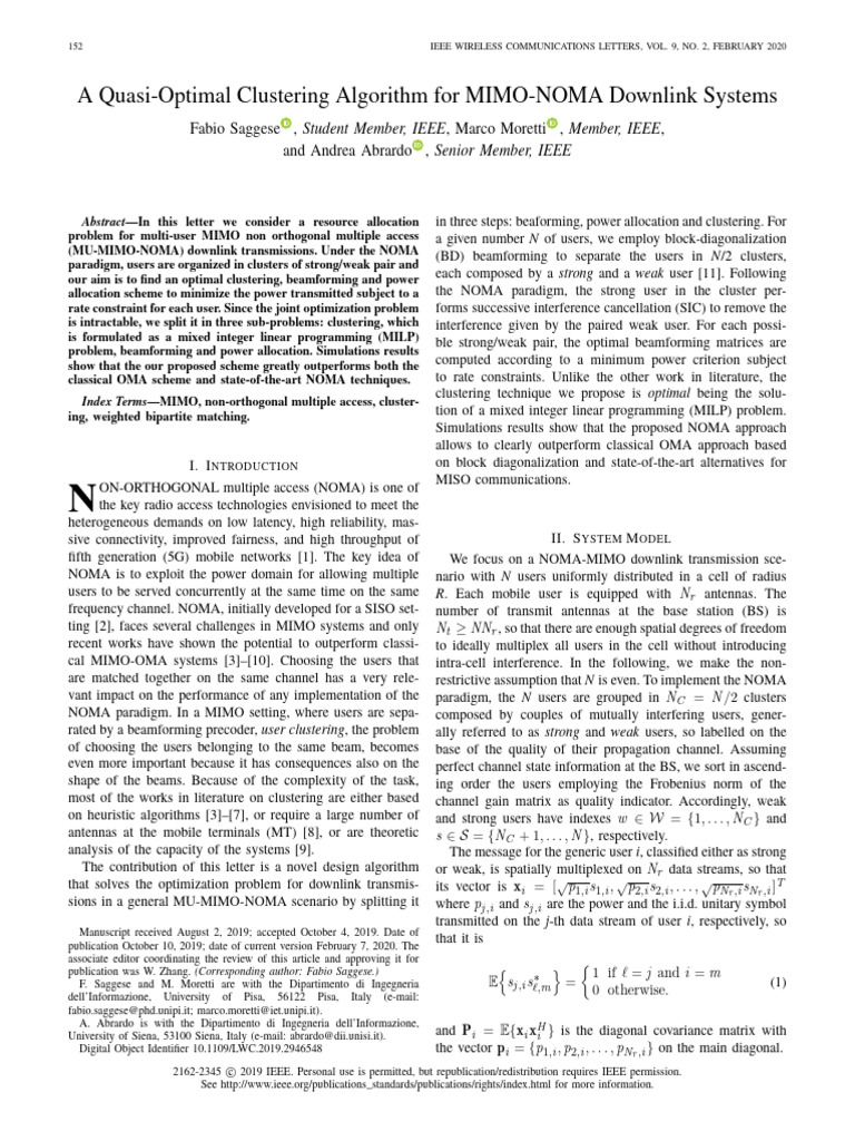 A Quasi-Optimal Clustering Algorithm For MIMO-NOMA Downlink Systems | PDF | Mimo ...