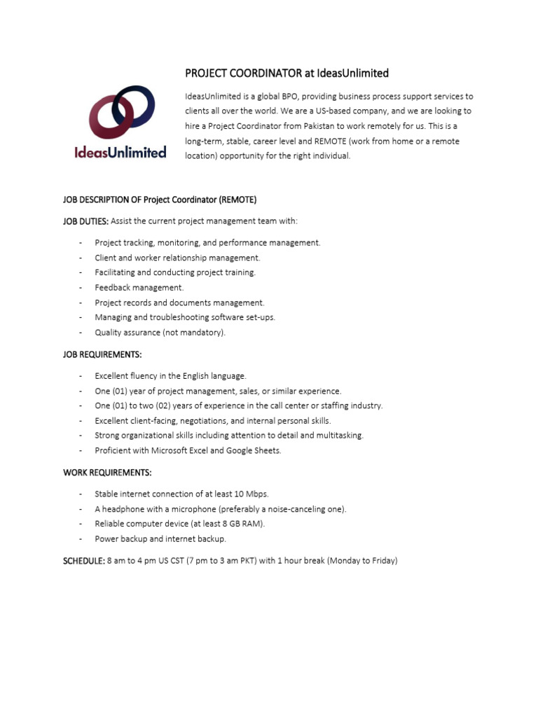 Job Opening of Project Coordinator Unlimited | PDF | Business | Computing