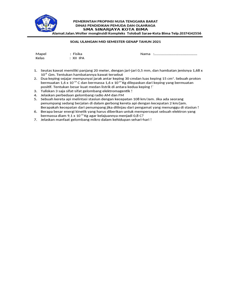 Soal Fisika Mid Semester Genap 2021 | PDF