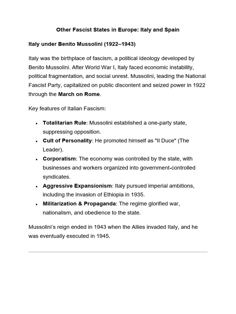 Other Fascist States in Europe Italy and Spain | PDF | Fascism | Benito ...