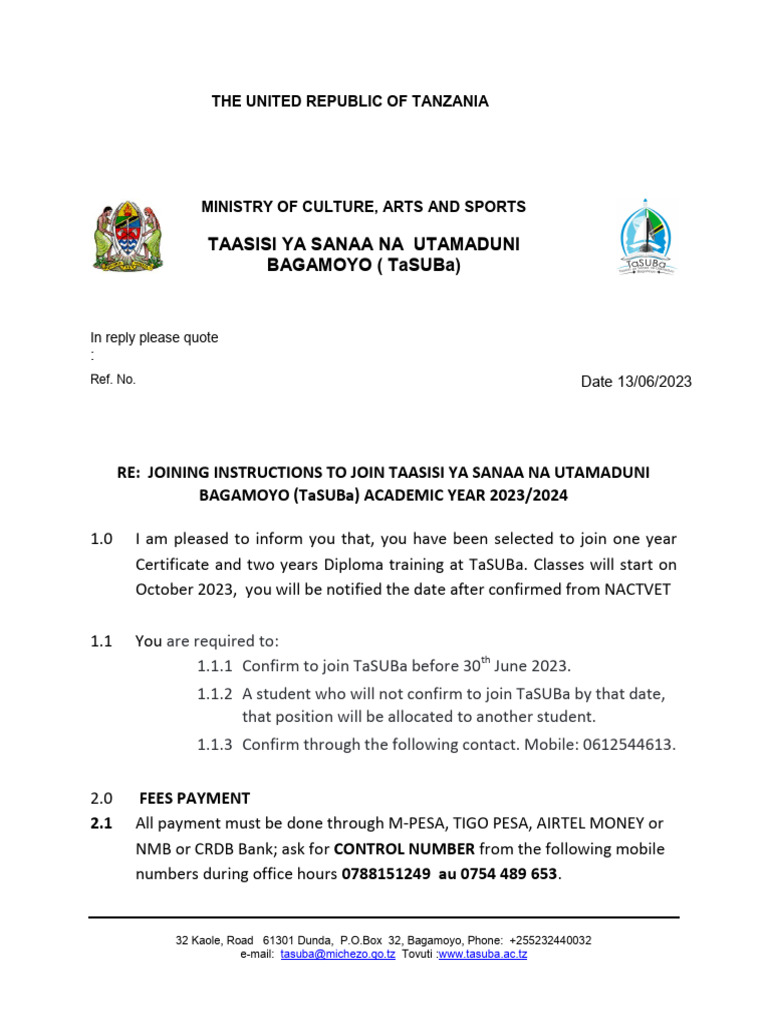 Joining Instruction For Academic Year 2023-2024 | PDF