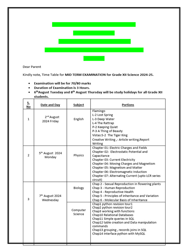 Grade 12 Science Midterm Time Table and Portions1720934868177 | PDF