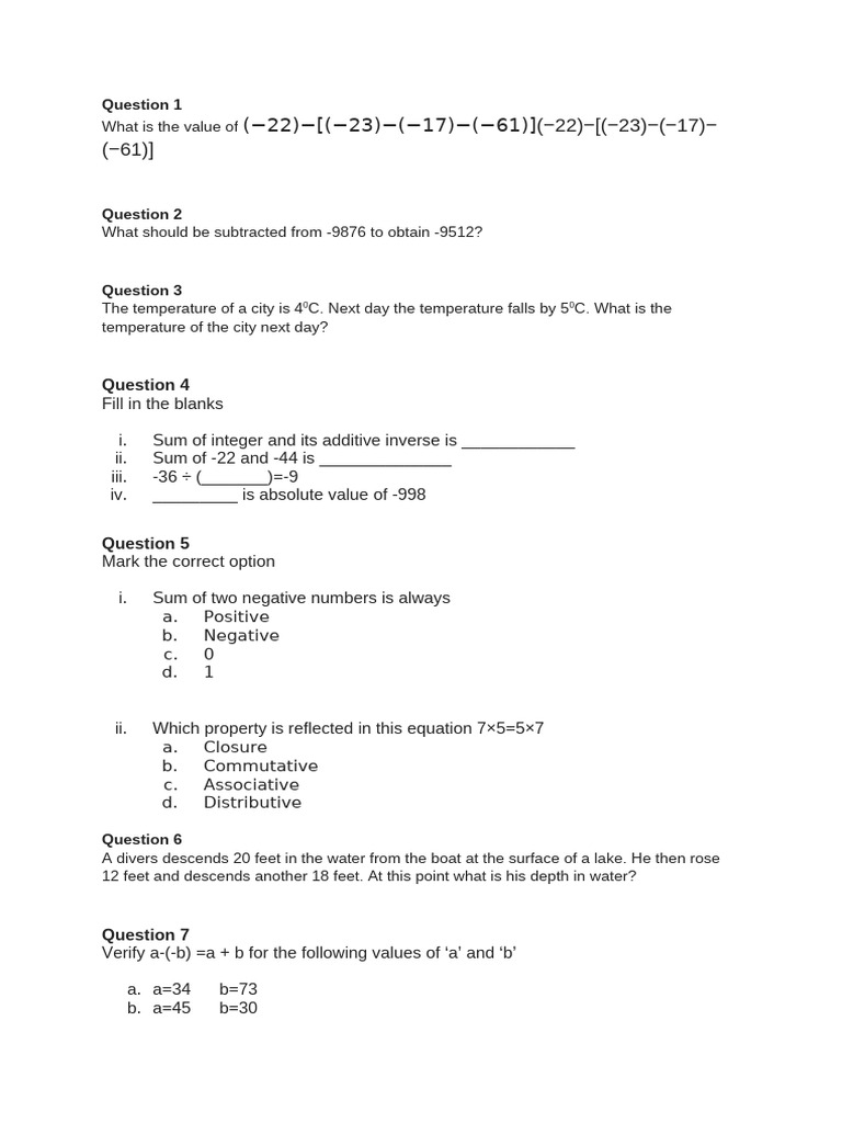 Integer Math Problem Set | PDF