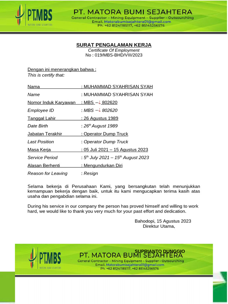 Surat Pengalaman Kerja | PDF