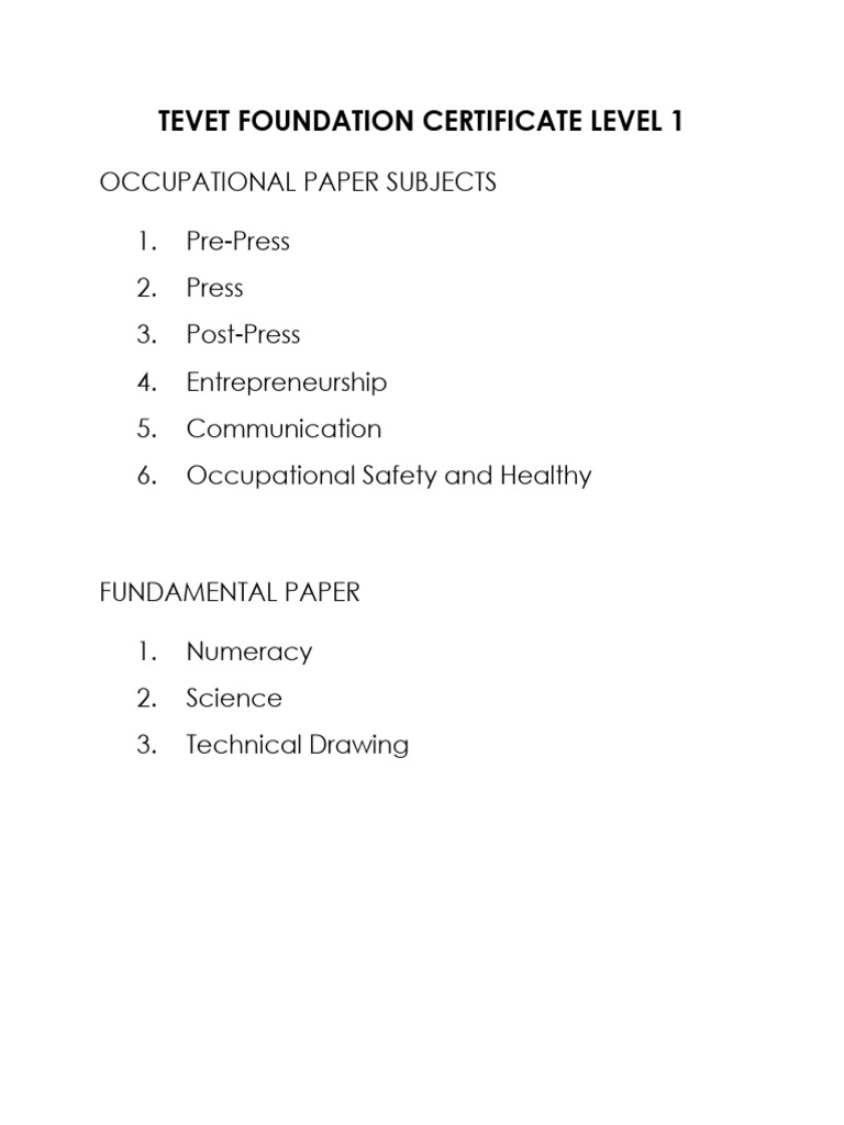 TEVET Level 1 Certificate Subjects | PDF