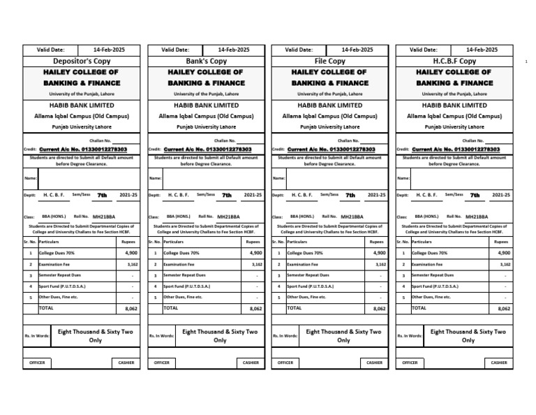 HCBF Fee Structure and Challan Details | PDF