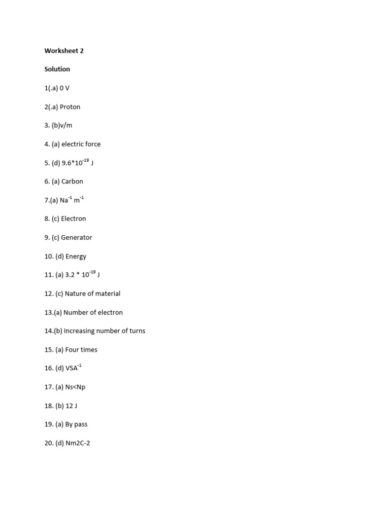 Physics XII Worksheet 2 Solutions | PDF