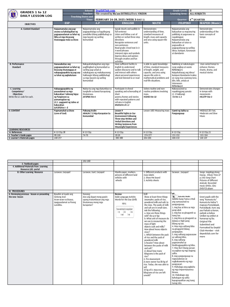 DLL - All Subjects 2 - Q4 - W3 - D1 | PDF