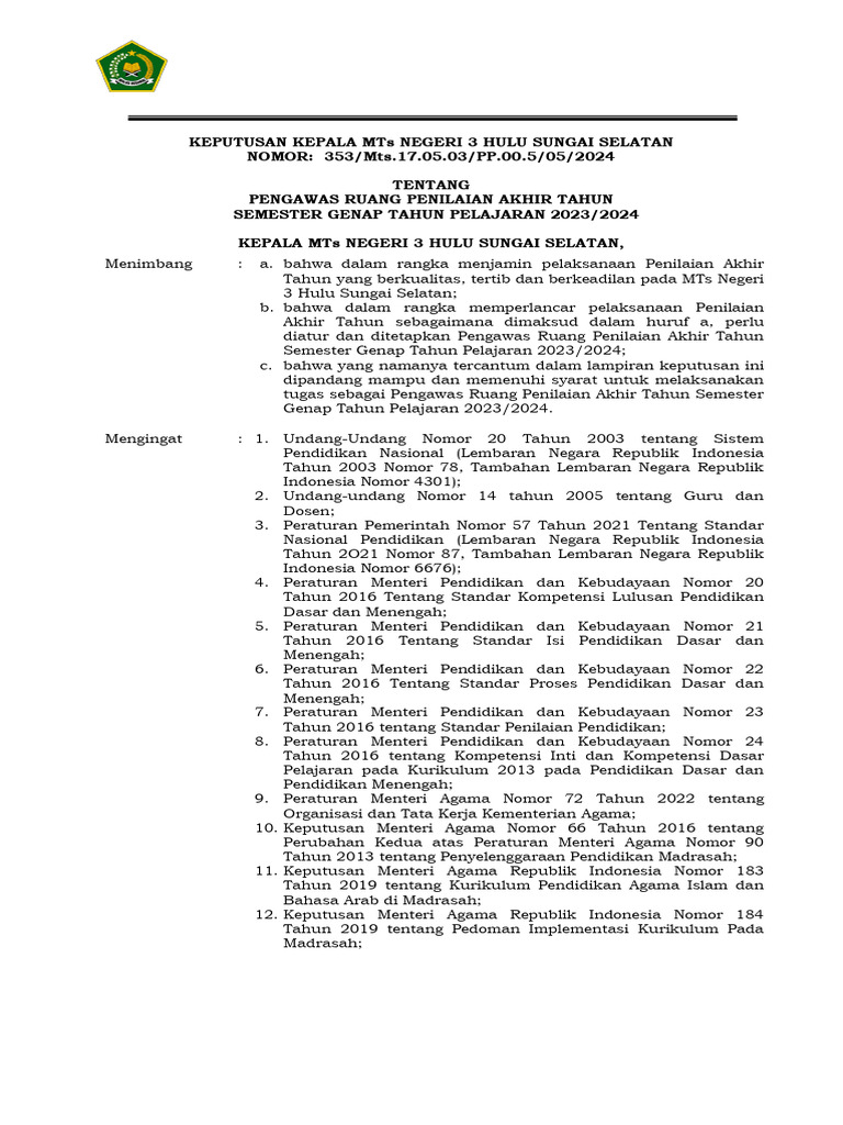 SK Pengawas Pat MTSN 3 HSS 2023-2024 | PDF