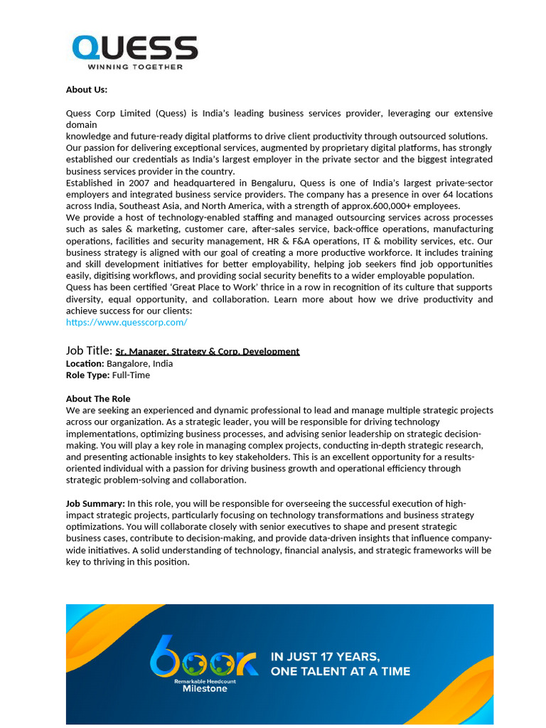Quess Corp - Strategy Manager - JD | PDF | Mentorship | Strategic Management