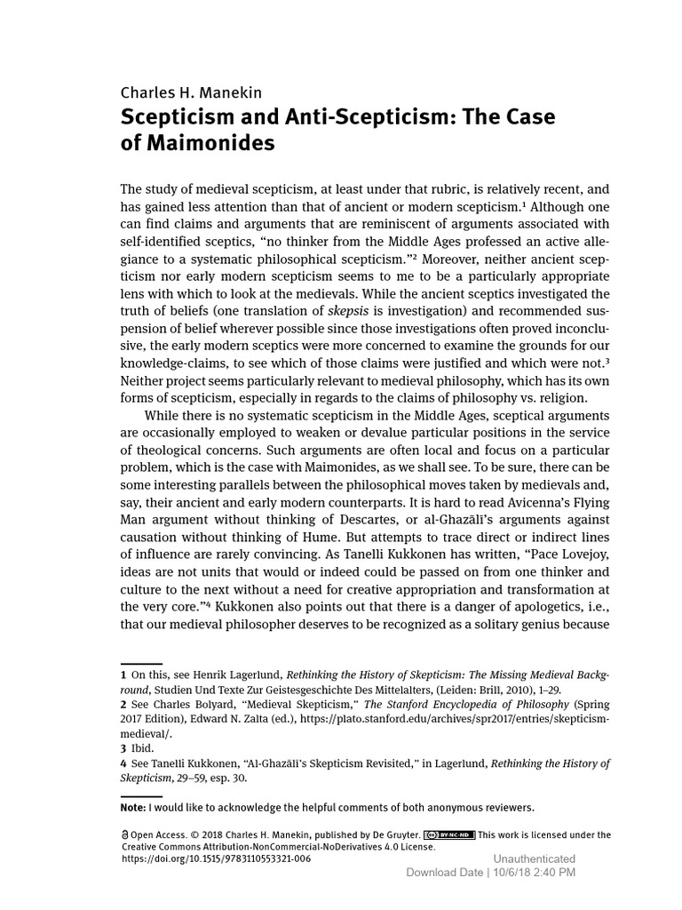 Manekin, Charles Scepticism - and - Anti-Scepticism - The - Case - of - Maimoni | PDF ...