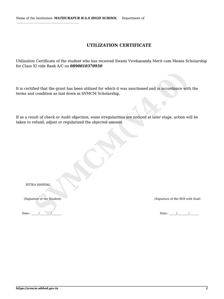 Utilization Certificate SVMCM | PDF