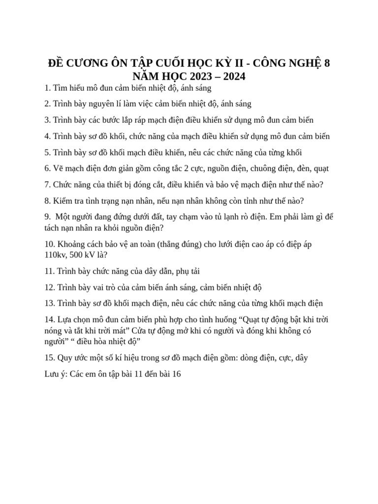 Đề cương Công Nghệ 8 chk2 | PDF