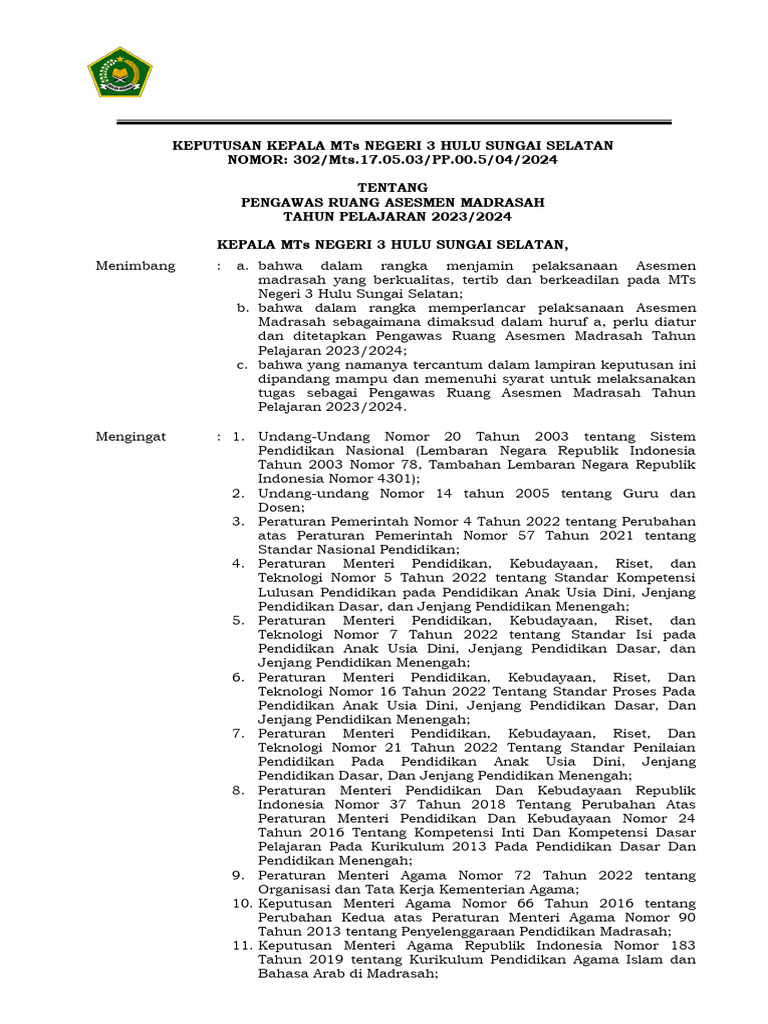 SK Pengawas Am MTSN 3 HSS 2023-2024 | PDF
